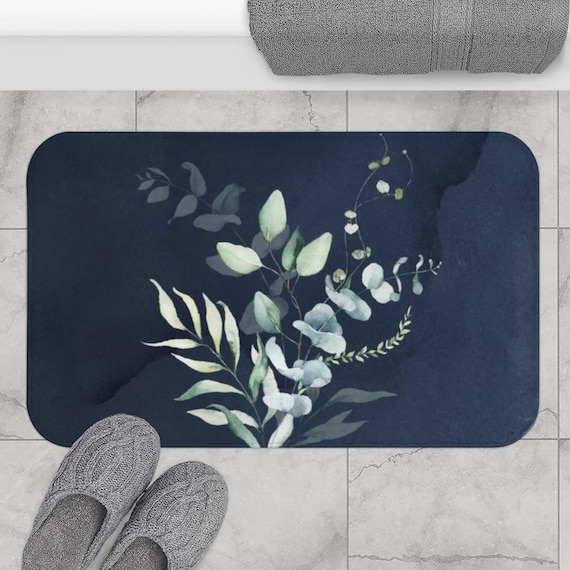 Boho Cute Bath Mat and Rug Navy Sage Green Floral Eucalyptus Leaves Nature Modern Farmhouse Minimalist Watercolor Elegant Bathroom Decor Etsy