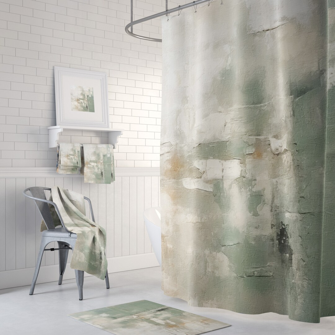 Boho Abstract Shower Curtain Sage Green, Ivory Ombre, Acrylic Paint ...