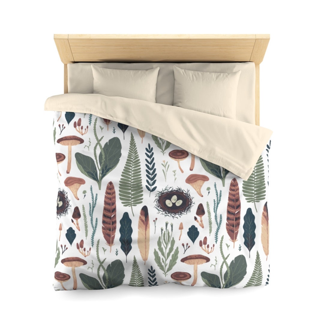 Nature Duvet Cover, Forest Green, Mushrooms Nests, Shabby Cottage Core ...