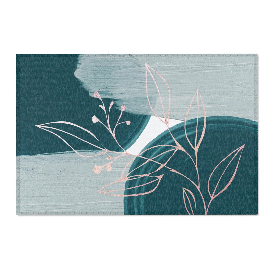 Boho Area Rug Abstract Teal Blue, Pale Blue, Line Art Leaves Small ...