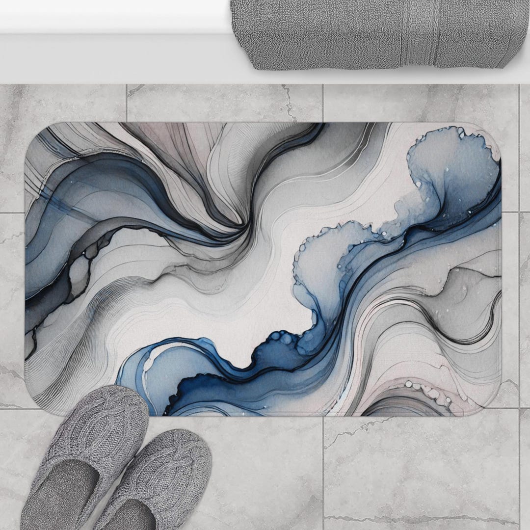 Boho Bath Rug, Kitchen Mat | Modern Abstract Bath Mat, Watercolor Blue ...