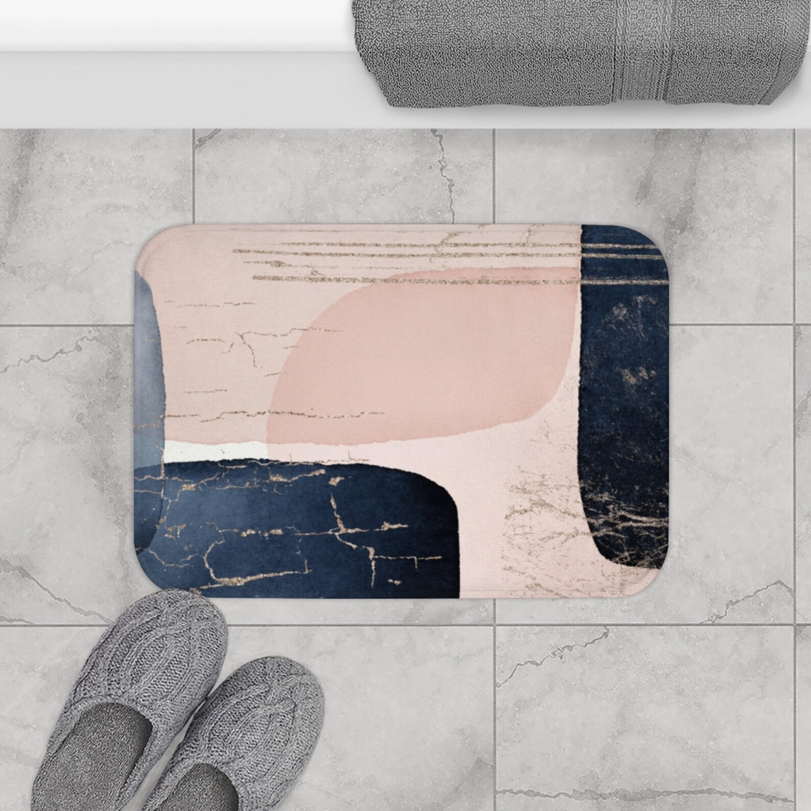 Abstract Boho Bath Mats and Rugs, Navy Blush Pink, Rustic Beige ...