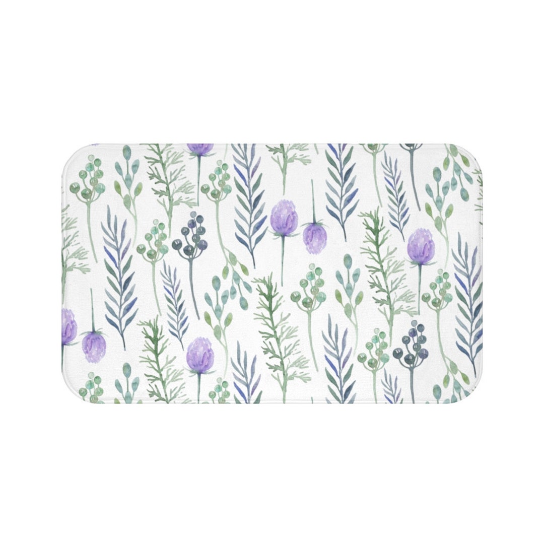 Bohemian Bath Mat, Lavender Lilac, Forest Green Leaves, Floral ...