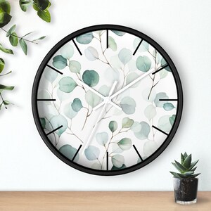 Eucalyptus Wall Clock, Floral Wall Clock, Mint Green White, Silent ...