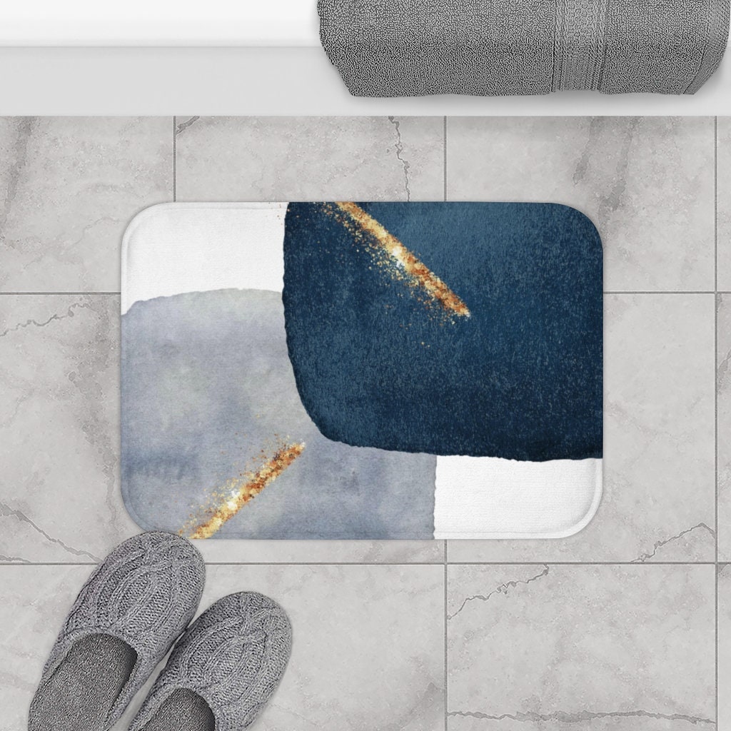 Boho Chic Abstract Bath Mat Dusty Navy Blue Gold Color | Etsy