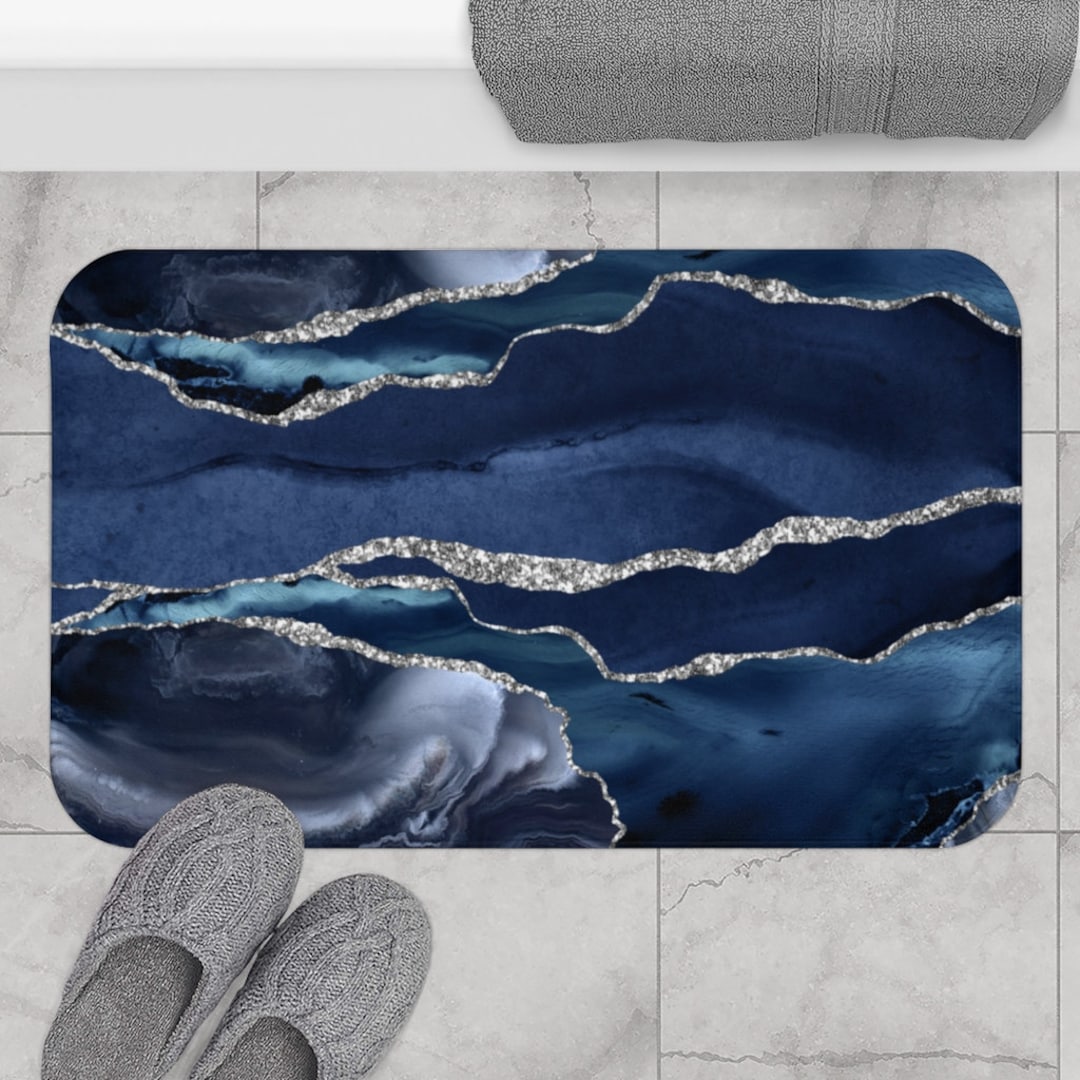 Navy Blue Marble Bath Mat: Modern Abstract Art, Memory Foam Rug - Etsy