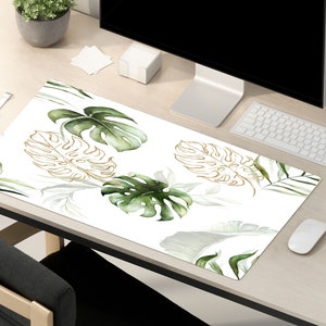 Floral Desk Mat, Green Gold, Tropical Monster Leaves, Watercolor, Desk ...