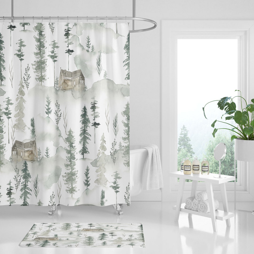 Forest Cabin Shower Curtain and Bath Mat, Watercolor Sage Greenery ...