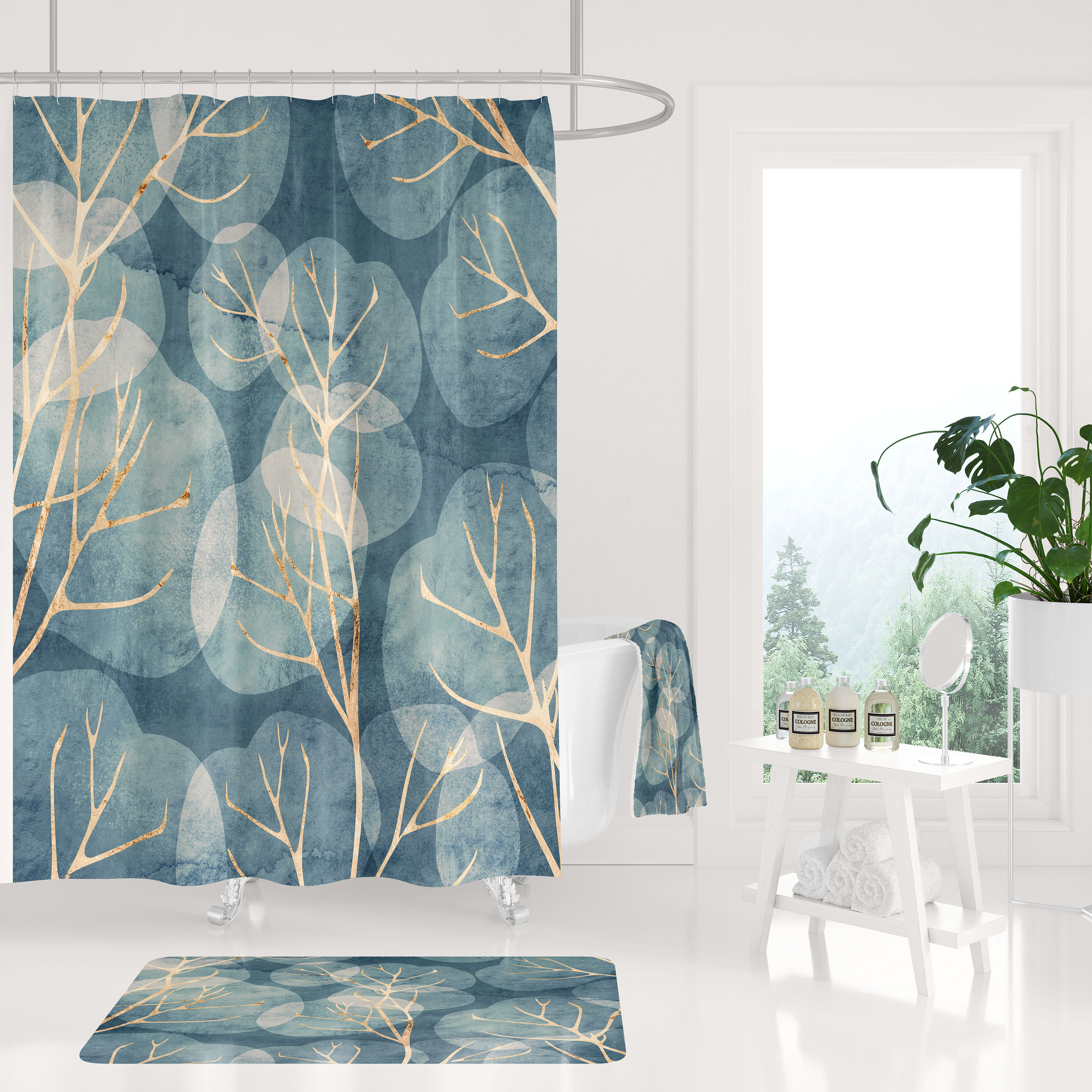 Abstract Art Fabric Shower Curtain Bath Mat Blue Ginko | Etsy