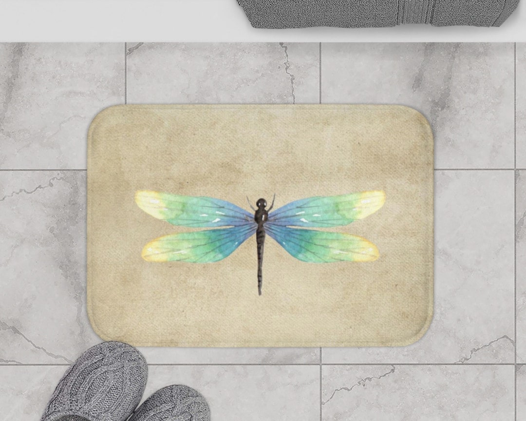 Bohemian Bath Mat, Dragonfly Beige, Blue Green, Soft Yellow, Simple ...