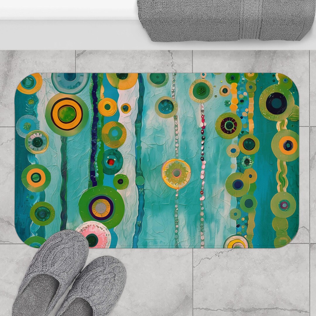 Abstract Colorful Bath Rug, Kitchen Mat, Teal Turquoise, Yellow Blue ...