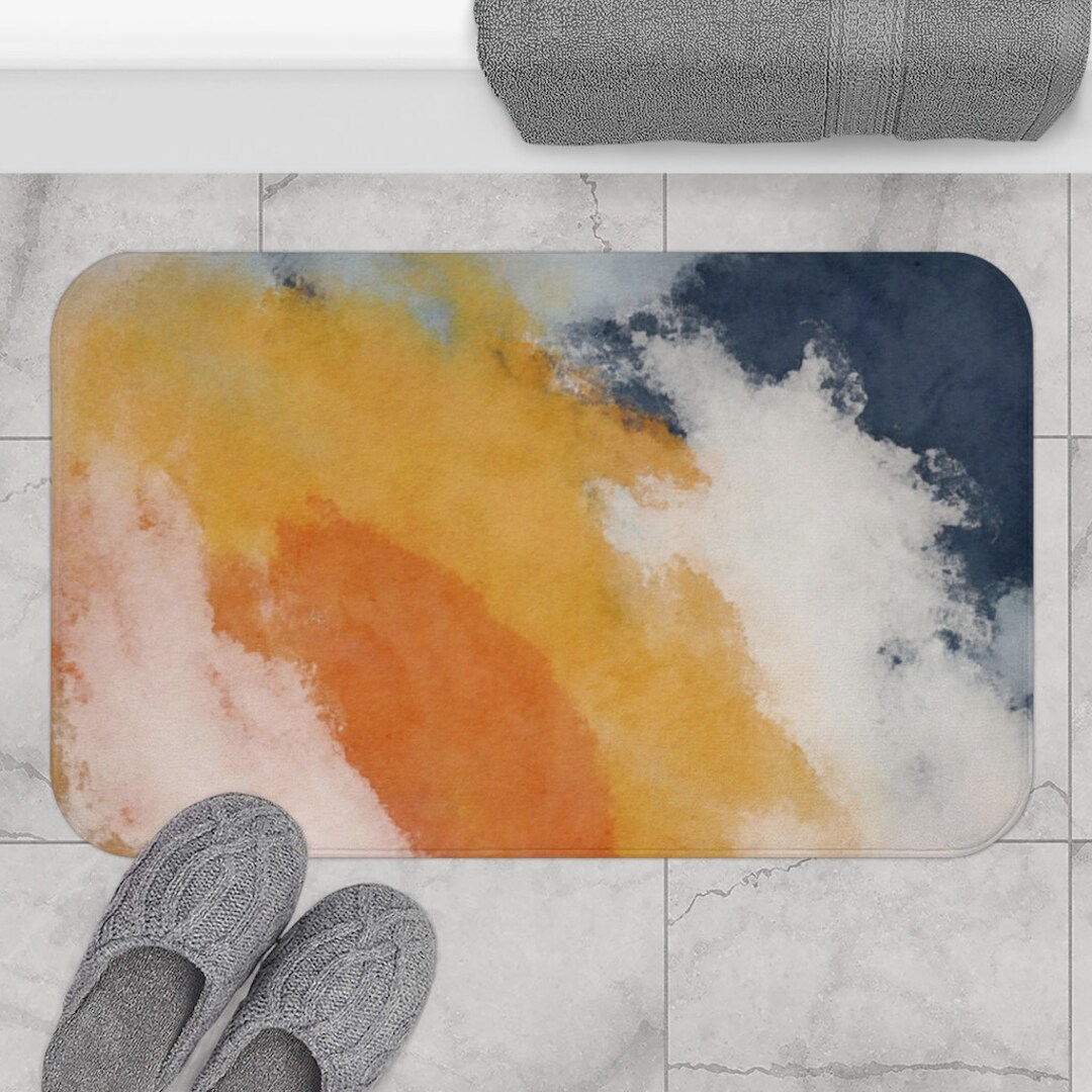Bohemian Bath Mat, Navy Orange Yellow, Dusty Blue Abstract, Modern ...