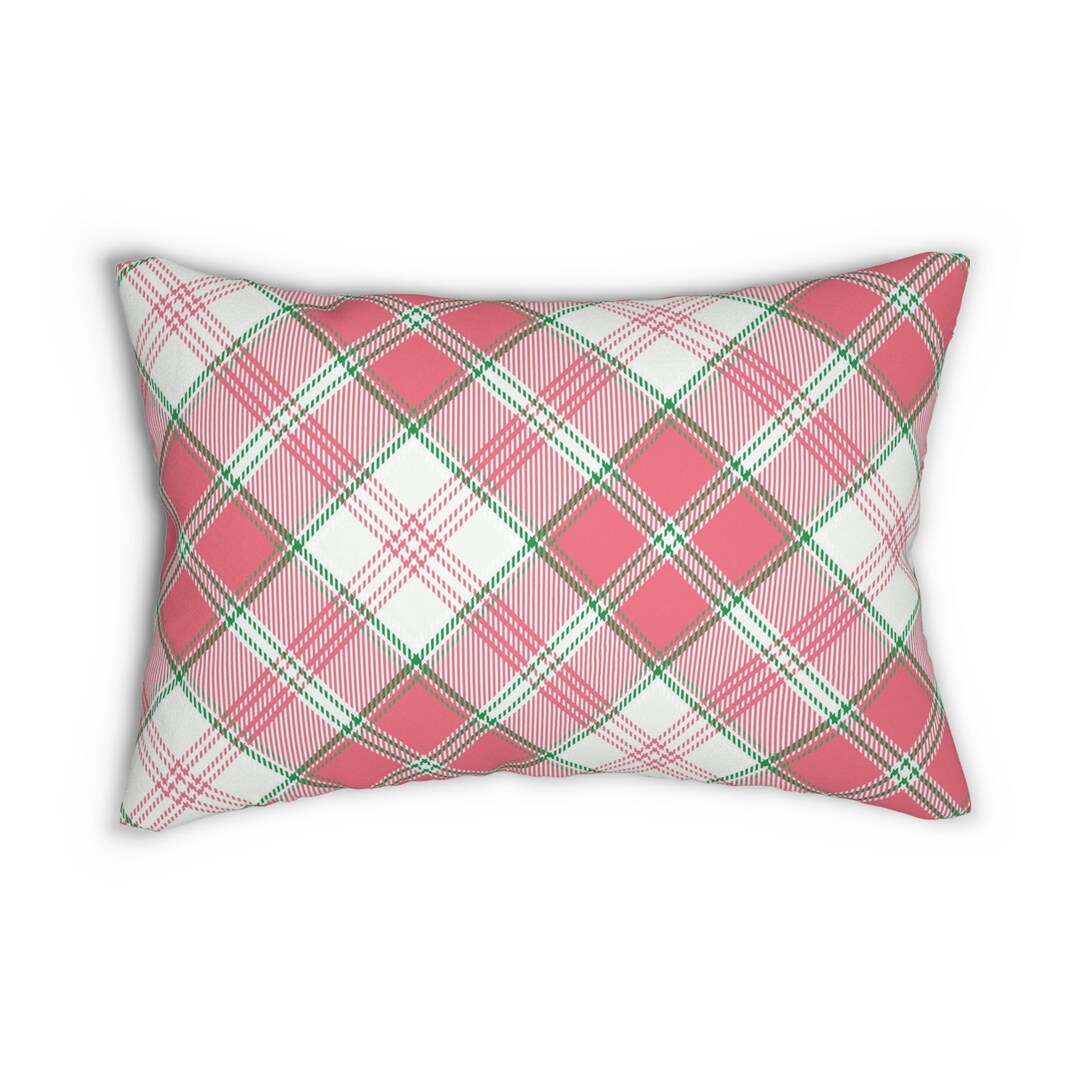 Plaid Boho Couch, Bed, Throw Lumbar Pillow Pink White Green, Plaid ...