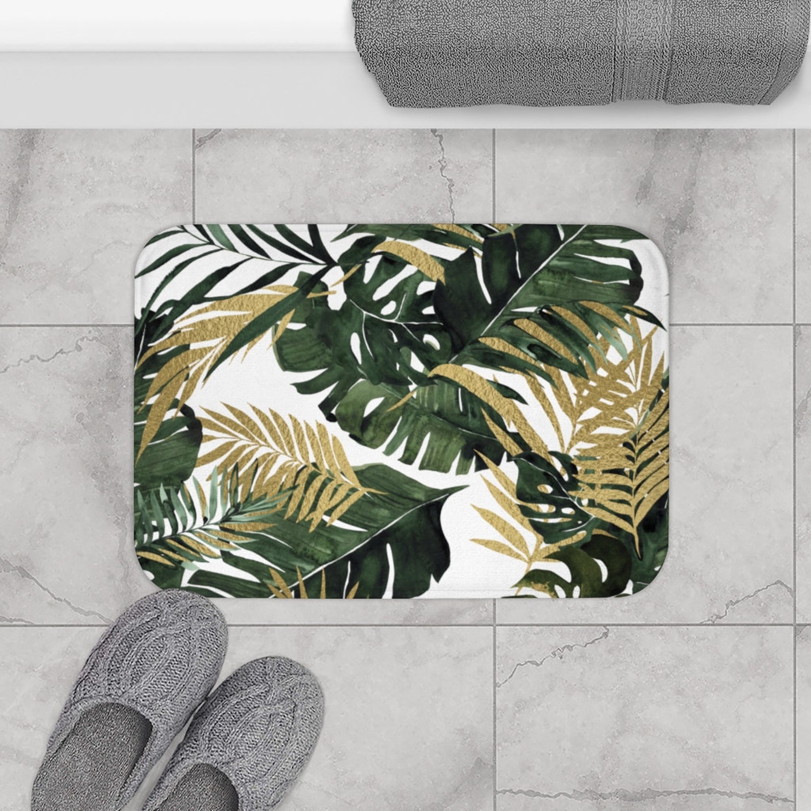 Bohemian Bath Mats and Rugs, Monstera Jungle, Tropical Forest, Green ...