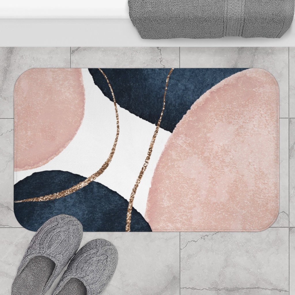 Boho Chic, Abstract Bath Mats and Rugs, Navy Blue, Blush Ivory Beige ...