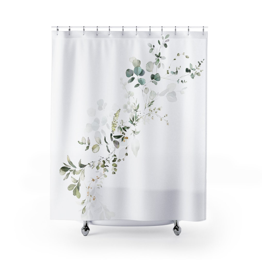 Boho Shower Curtain Eucalyptus Floral White Sage Green Muted Gold