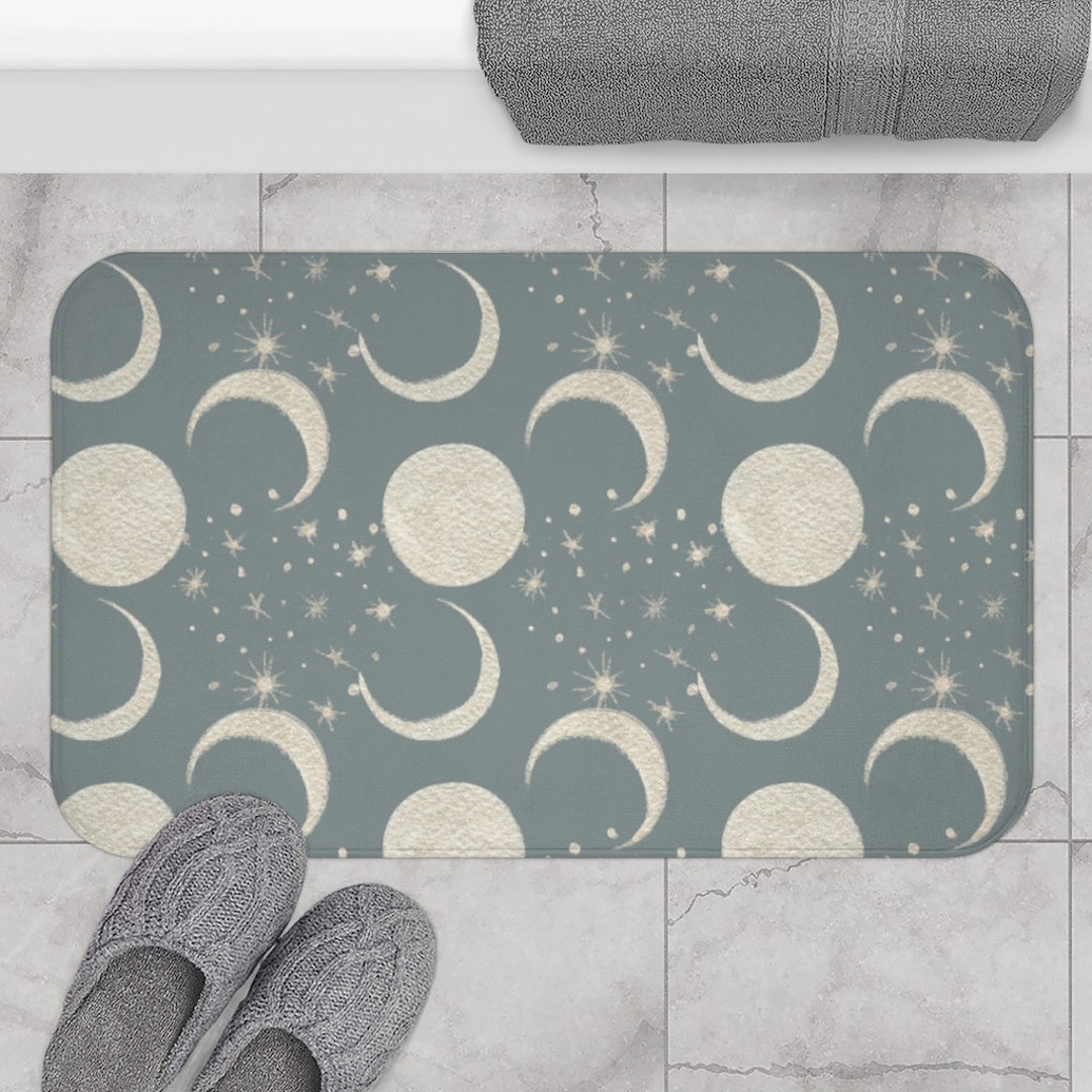 Boho Bath Mat and Rug, Dark Gray Ivory, Full Moons Stars, Celestial ...