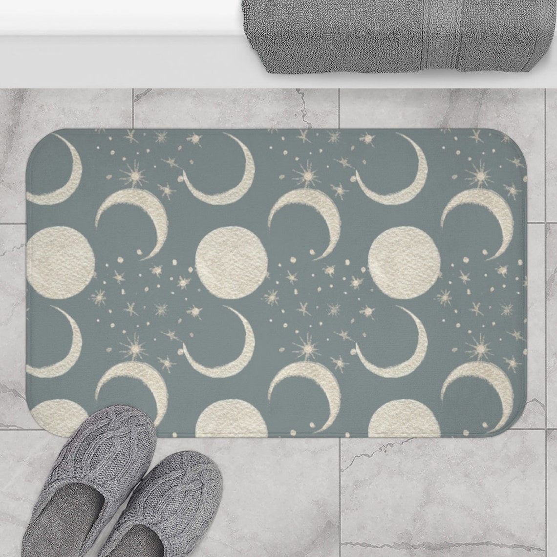 Boho Bath Mat and Rug, Dark Gray Ivory, Full Moons Stars, Celestial ...