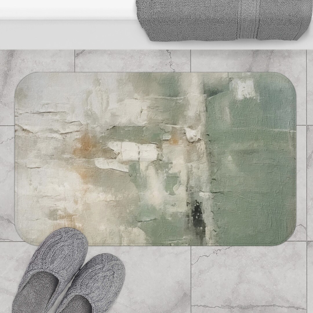 Boho Abstract Bath Mat, Kitchen Mat Sage Green, Ivory Ombre, Acrylic ...