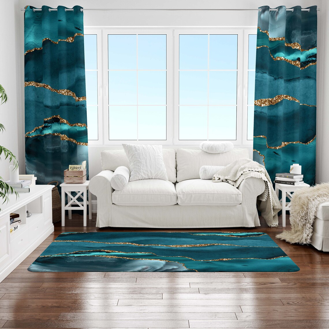 Boho Chic Area Rugs, Teal Blue Green, and Beige Agate Quartz, Marble ...