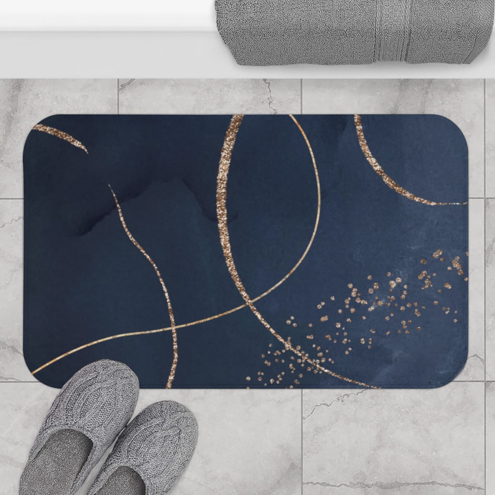 Boho Chic, Abstract Bath Mats and Rugs, Navy Blue and Beige, in ...