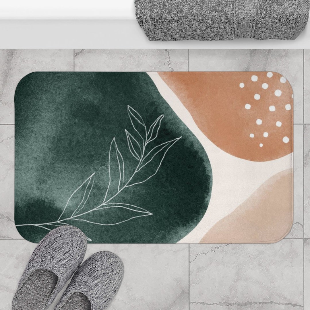 Bohemian Bath Mat, Boho Abstract Forest Emerald Green, Blush Beige ...