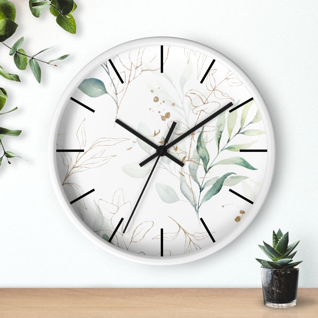 Eucalyptus Wall Clock, Floral Wall Clock, Mint Green and Gold Office or ...
