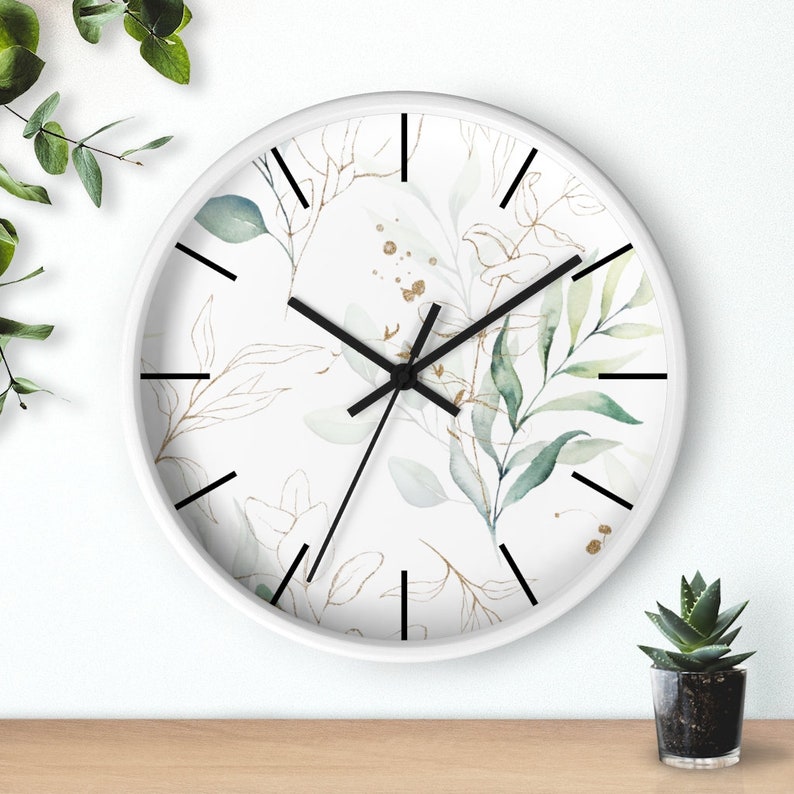 Eucalyptus Wall Clock Floral Wall Clock Mint Green and Gold | Etsy