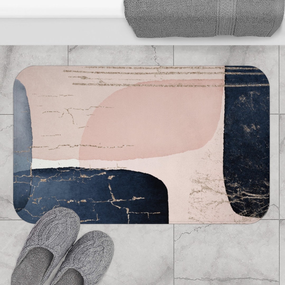 Abstract Boho Bath Mats and Rugs, Navy Blush Pink, Rustic Beige ...