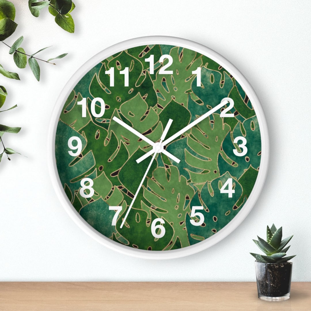 Green Wood Wall Clock, Monstera Leaves, Emerald Forest Green, Tropical ...