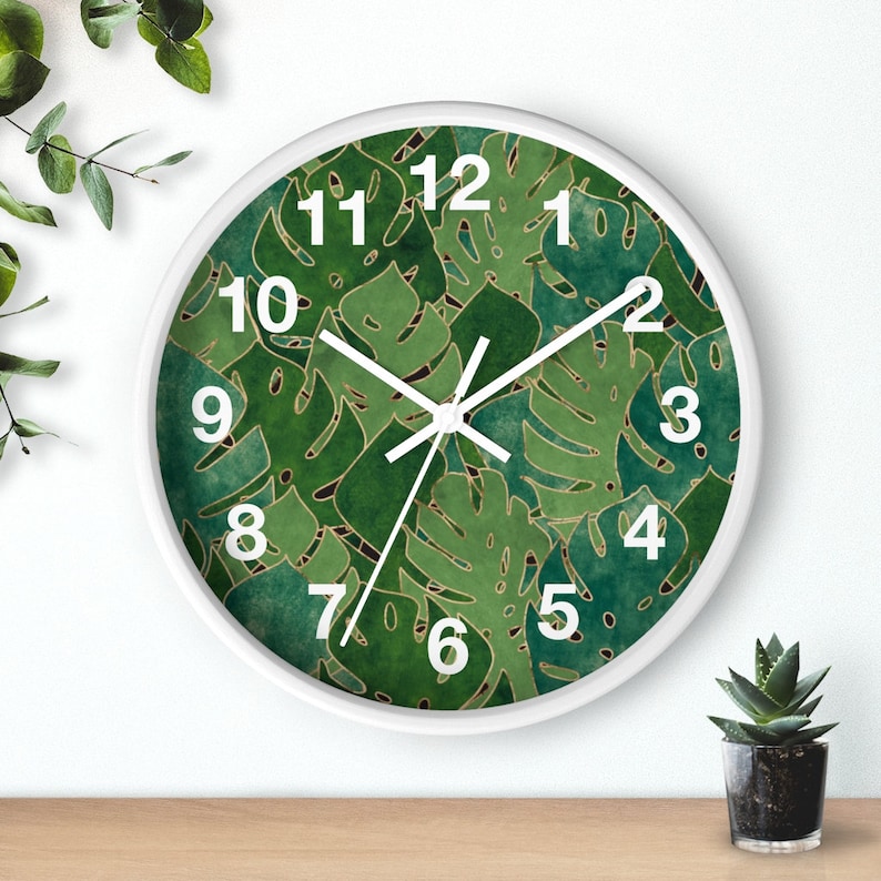 Green Wood Wall Clock, Monstera Leaves, Emerald Forest Green, Tropical ...
