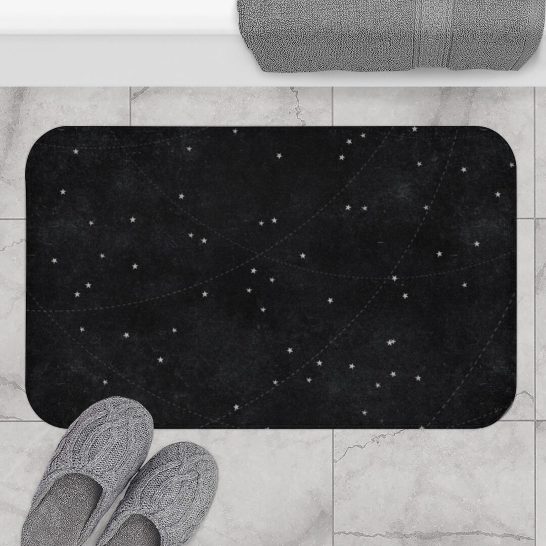 Black Bath Mat, Silver Gray Star Map, Celestial Cosmic Bathroom Rug ...