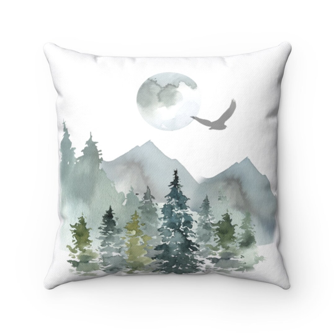 Green Pillow Cover, Nature Landscape, Forest Mountains Moon, Watercolor ...