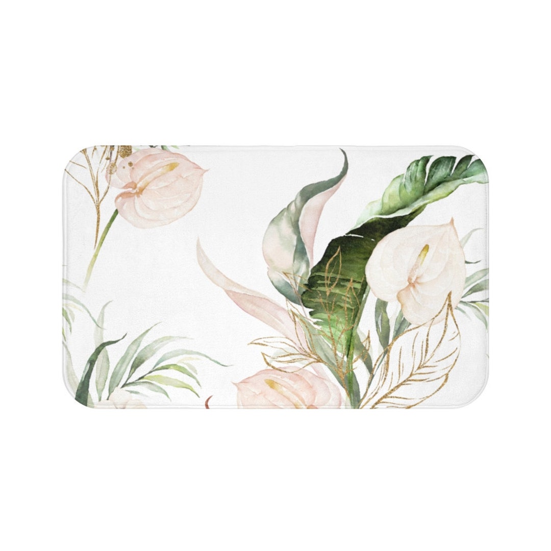 Floral Bath Mat and Rug, Anthurium Tropical Botanical, Blush Pink Green ...