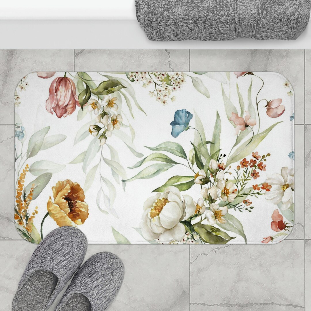 Floral Bath Mat, Rug, Modern White Sage Green, Colorful Garden ...