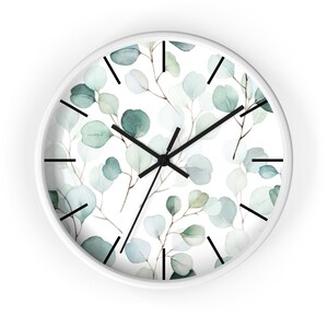 Eucalyptus Wall Clock, Floral Wall Clock, Mint Green White, Silent ...