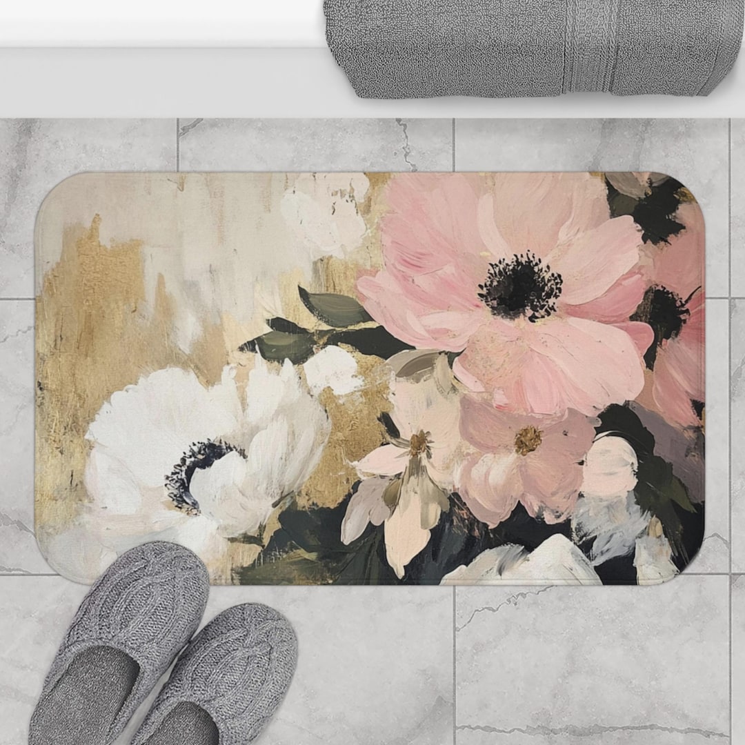 Abstract Floral Bath Rug, Kitchen Mat, Grey Beige Pink Flowers ...