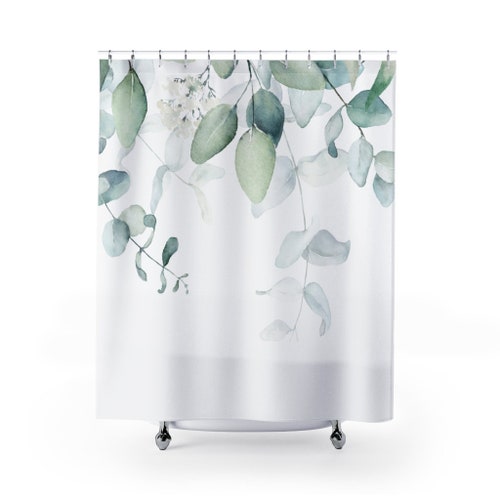 Watercolor Leaves Shower Curtain Nature Shower Decor Green Etsy