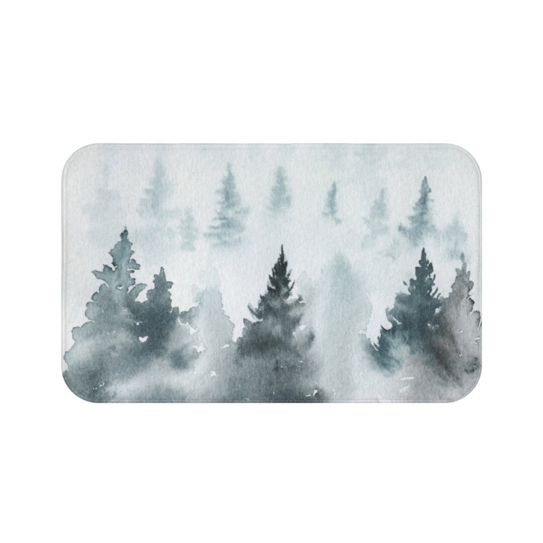Landscape Boho Bath Mat, Spruce Tree, Winter Navy Woodlands Bathroom ...