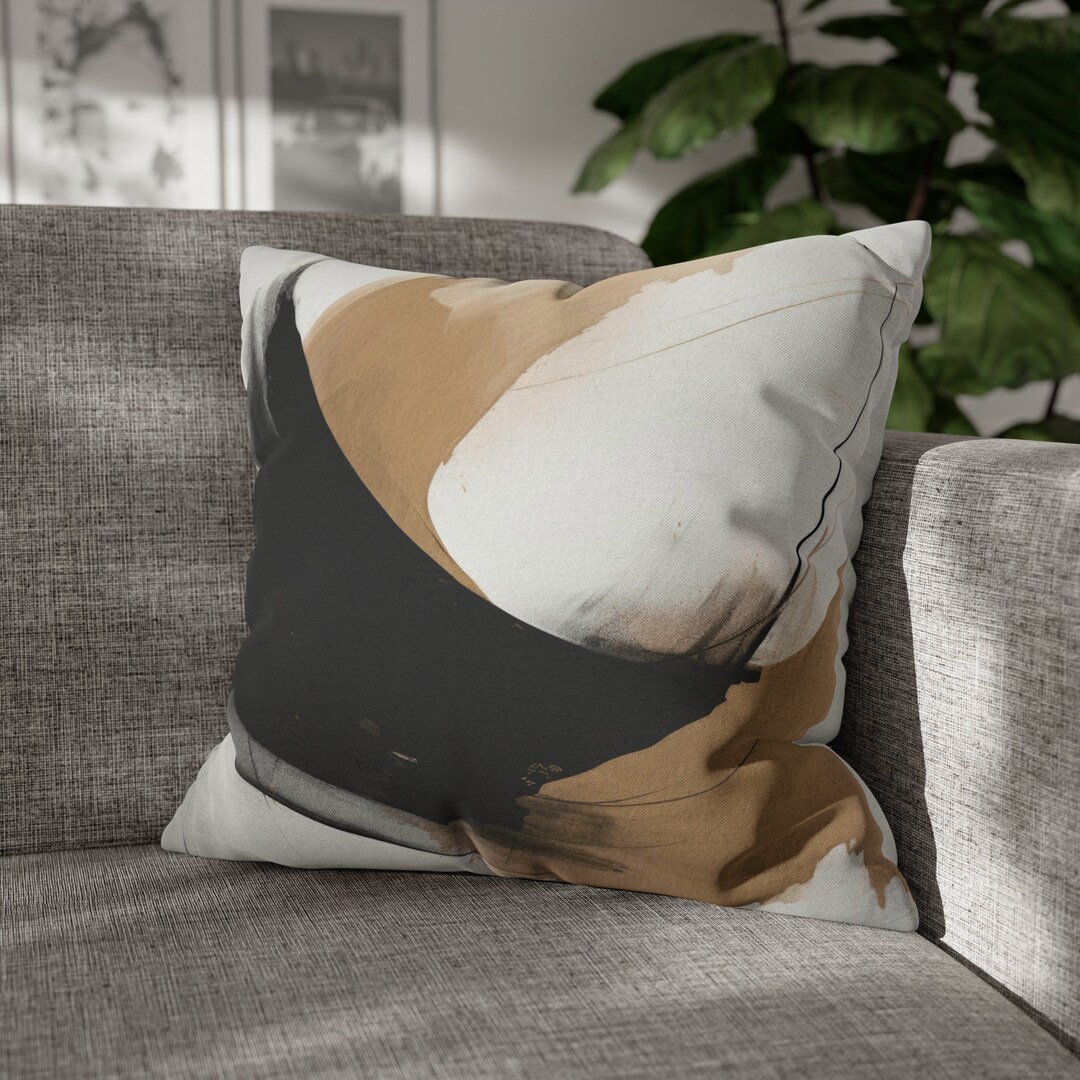 Abstract Couch Throw Decorative Pillow Rustic Black Beige Paint Brush ...