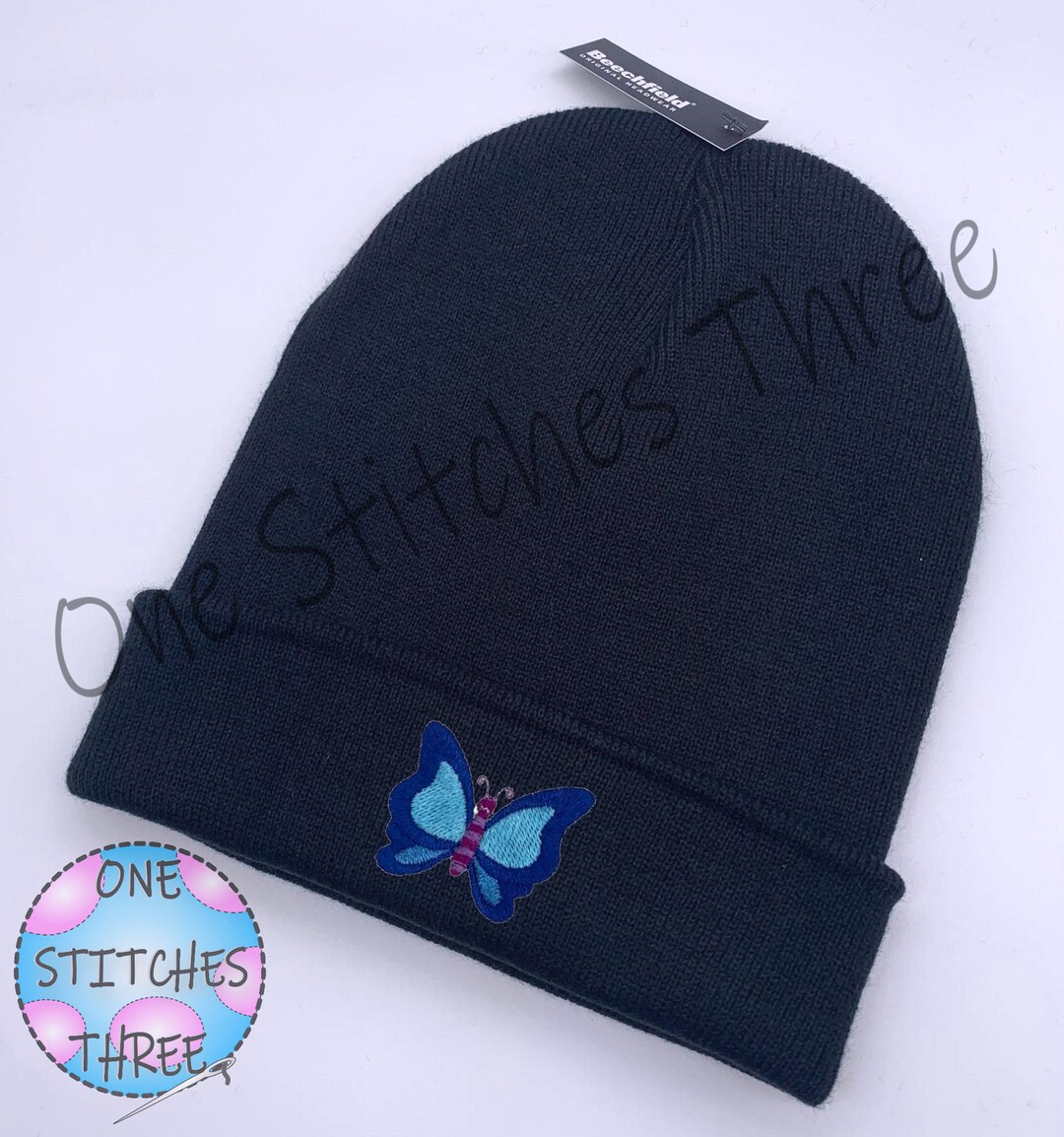 Black Embroidered Blue Butterfly Beanie | Butterfly Beanie | Butterfly ...