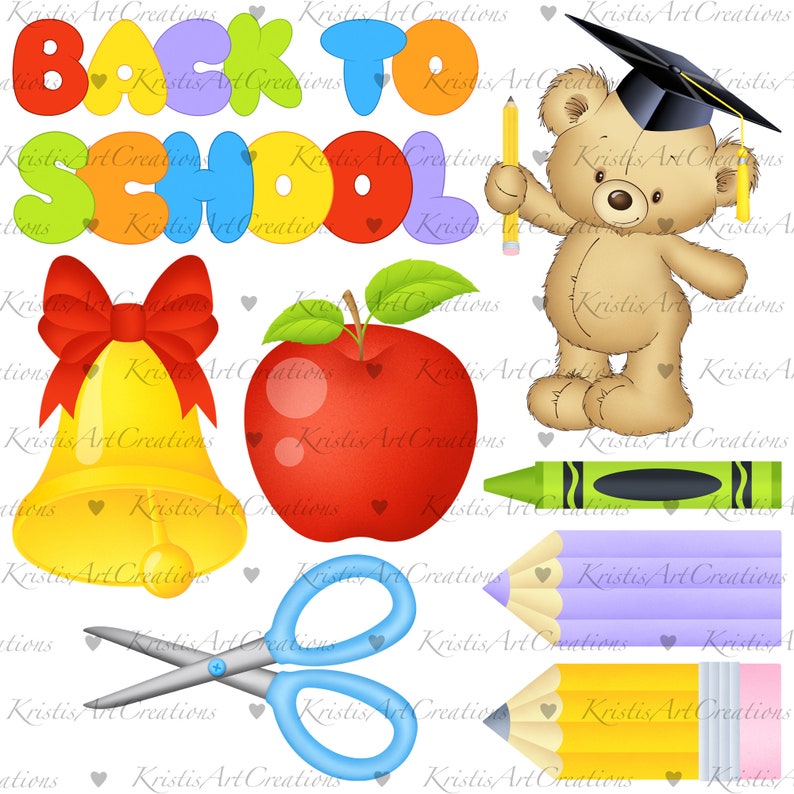 Back to School Clipart, Teddy Bear School Clipart, Multicolor, School ...