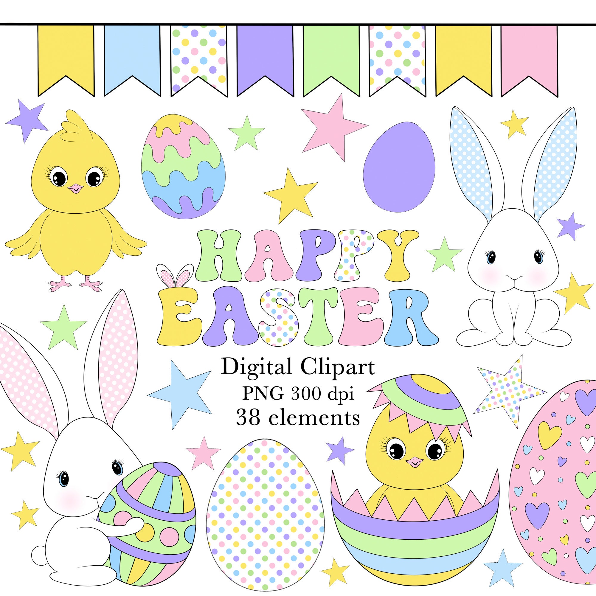 Cute Easter Clipart, Happy Easter, Easter Clipart, Bunny , Eggs, Chick ...