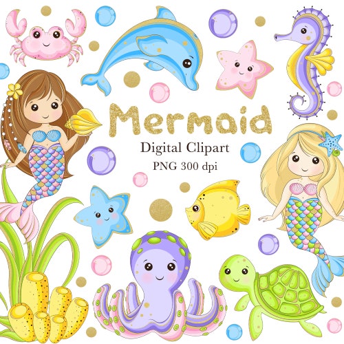 Watercolor Mermaid Clipart Cute Mermaids PNG - Etsy