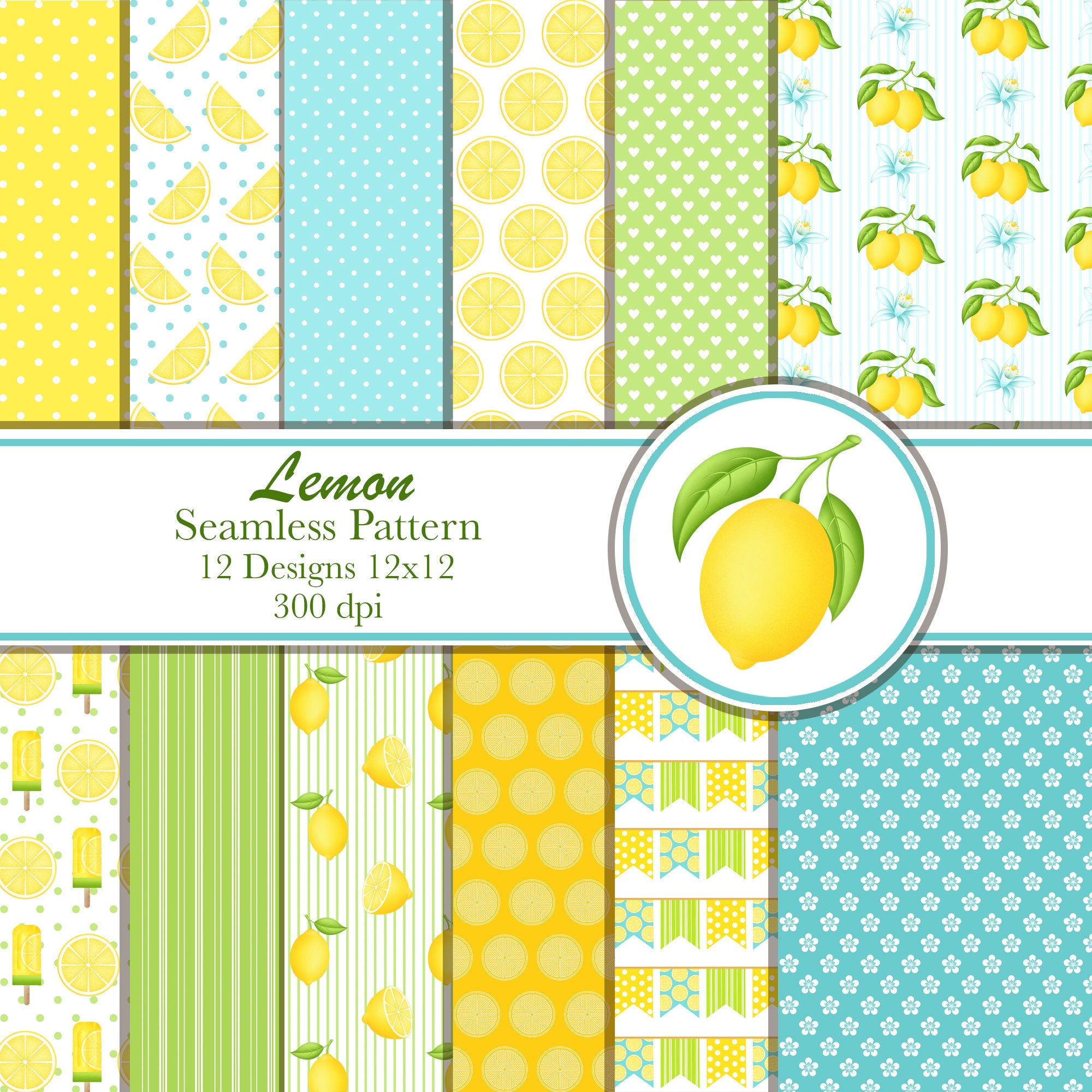 Lemon Seamless Pattern, Floral Pattern, Lemons and Flowers, Green and ...