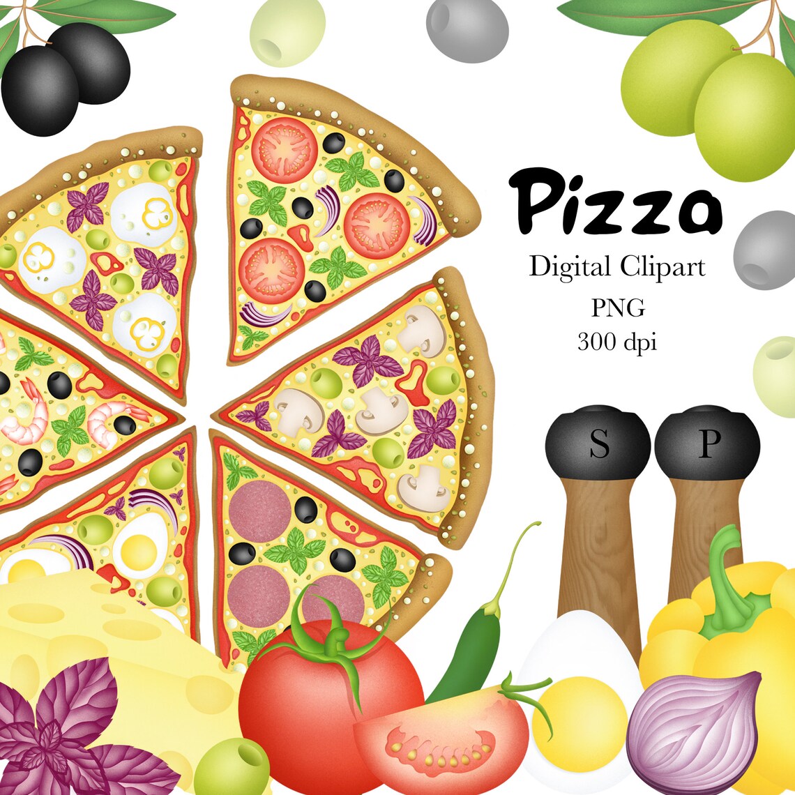 Pizza Clipart, Vegetables Clipart, Fast Food Clipart, Pizza Digital ...