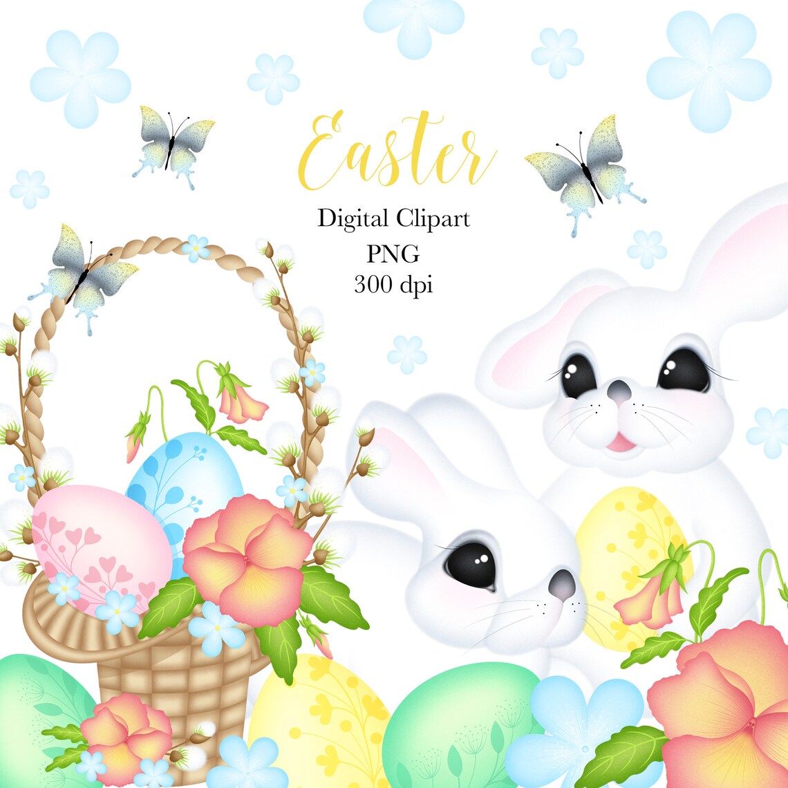 Easter Clipart, Digital Easter Clipart, Bunnies Clipart, Floral Clipart ...