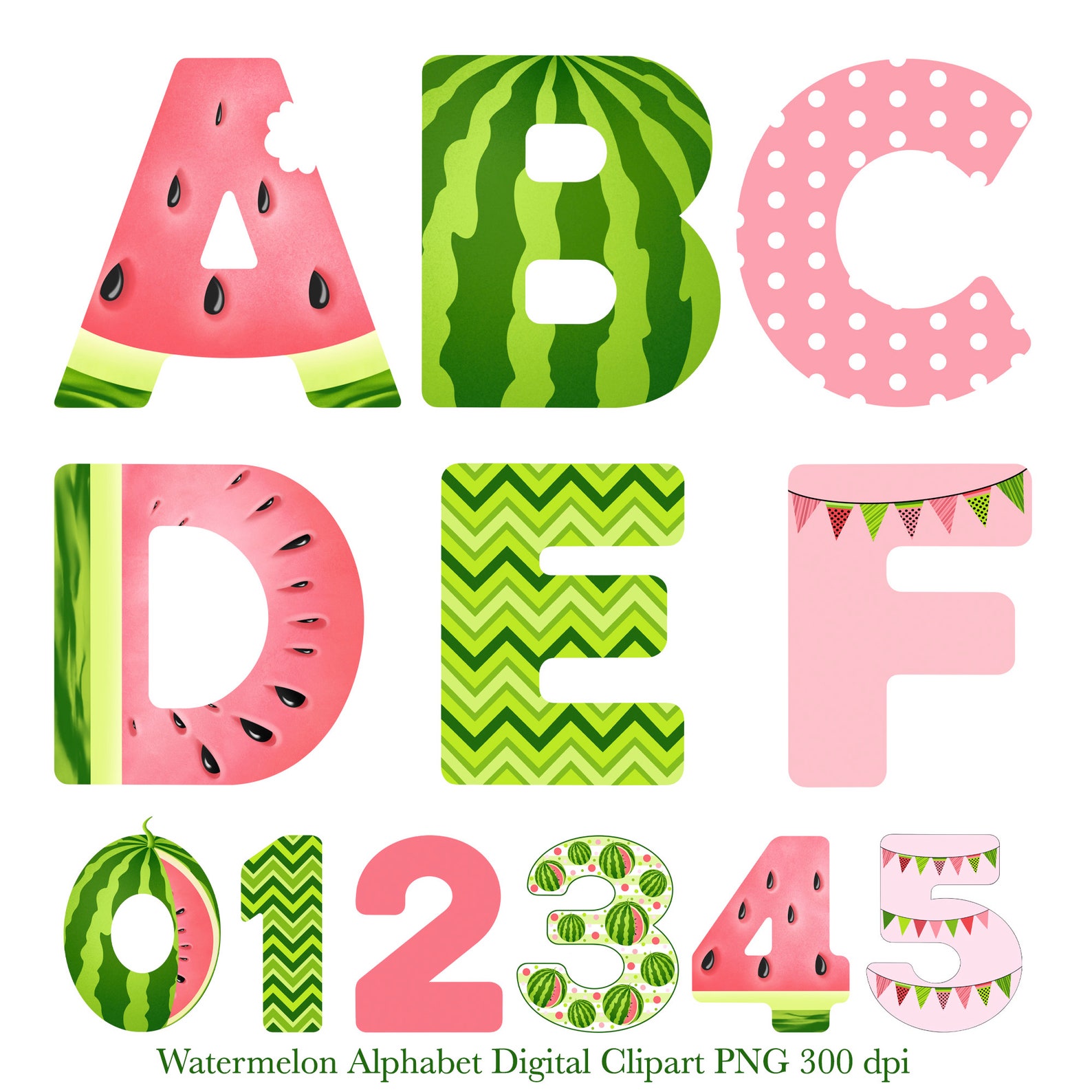 Watermelon Alphabet Clipart, Alphabet, Watermelon, Summer, Green & Pink ...