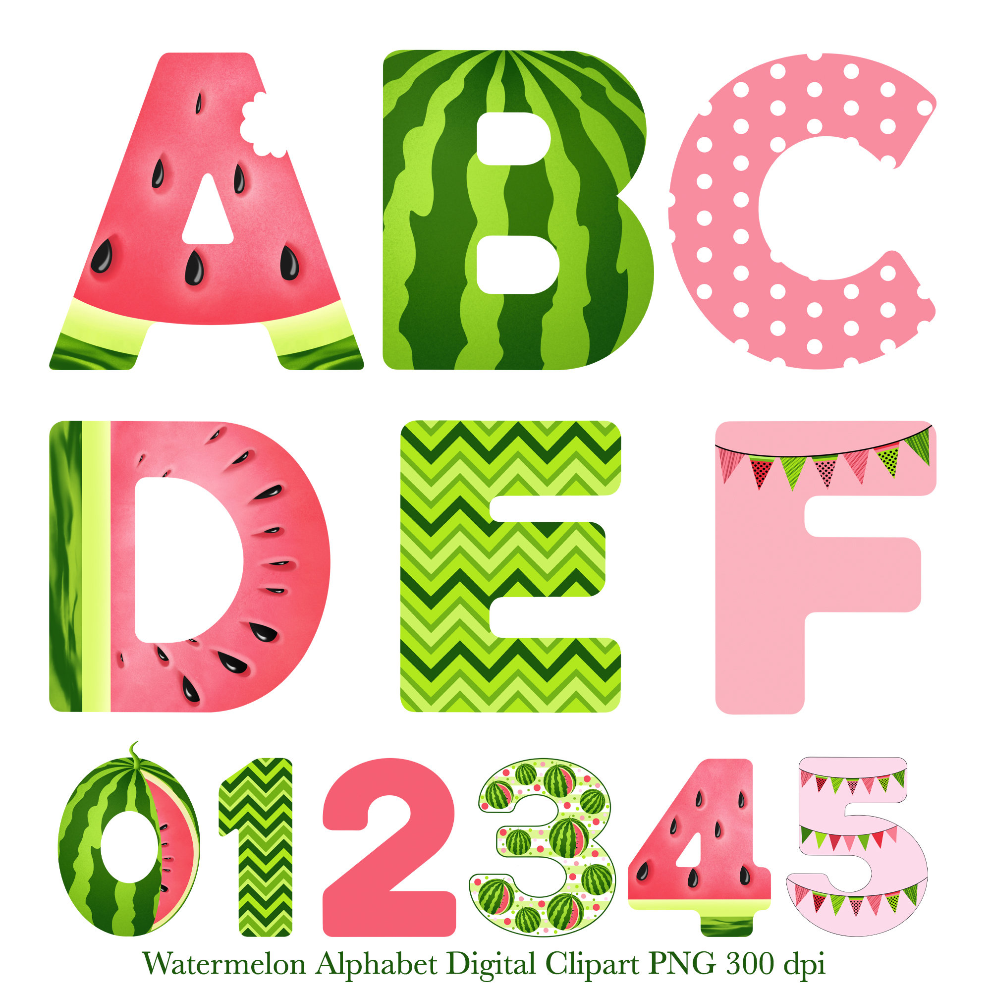 Watermelon Alphabet Clipart, Alphabet, Watermelon, Summer, Green & Pink ...
