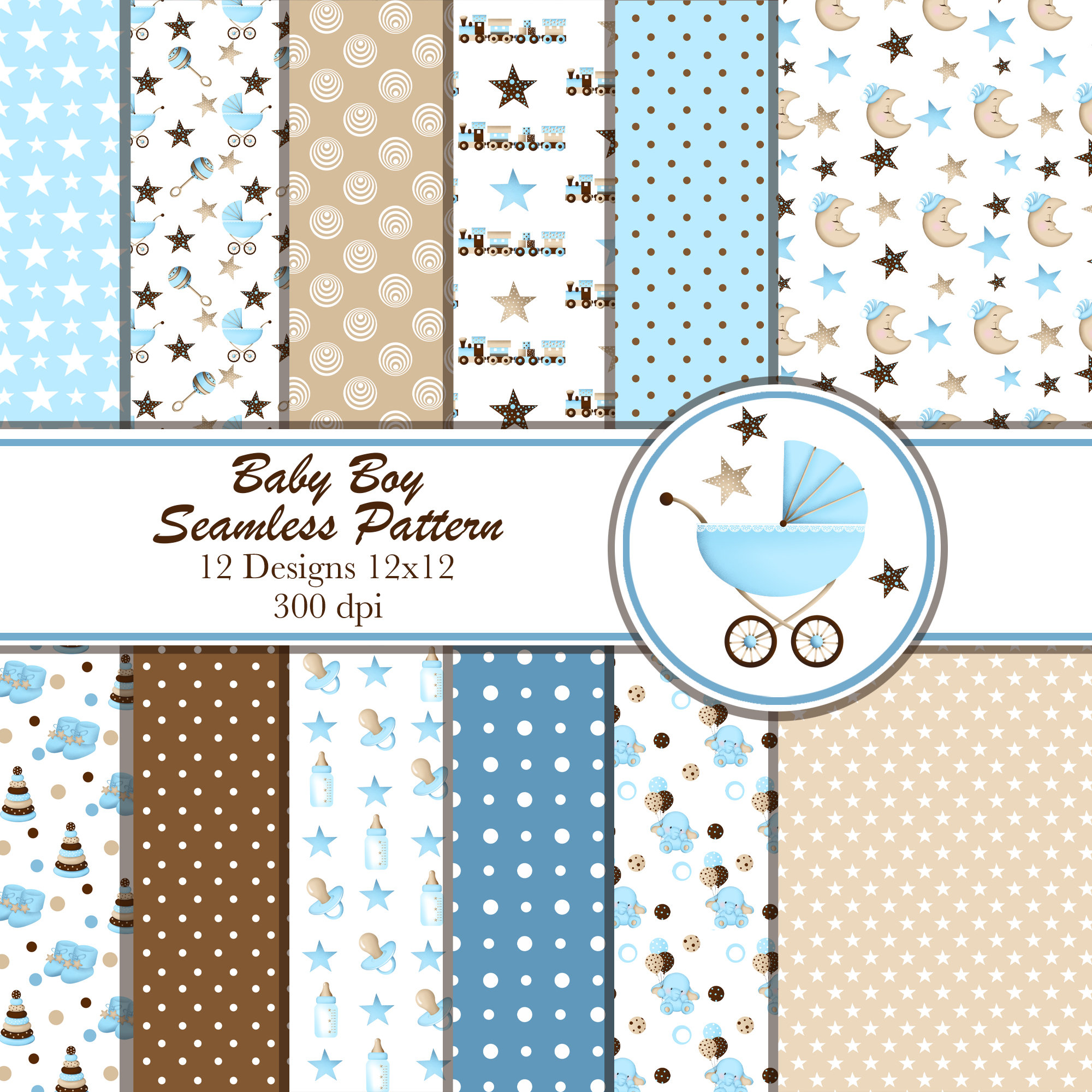 Digital Baby Boy Patterns, Baby Boy Seamless Patterns, Baby Boy Digital ...